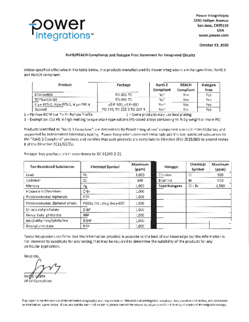 RoHS/REACH Compliant and Halogen Free Statement | Power Integrations, Inc.