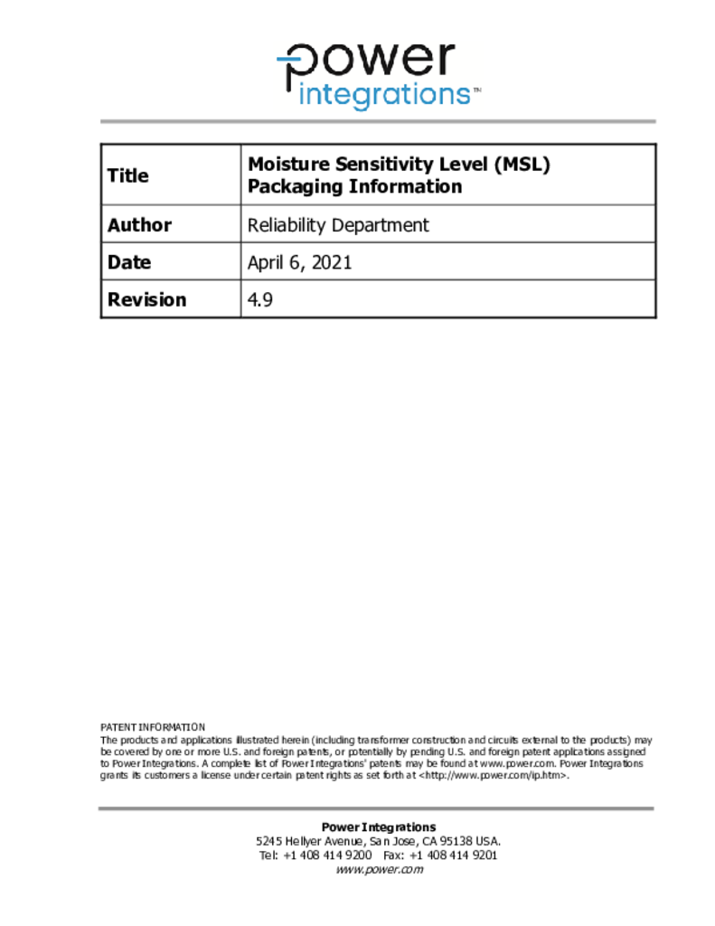 Moisture Sensitivity Level (MSL) Packaging Information | Power ...