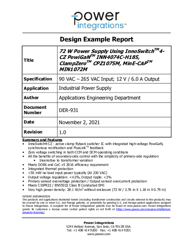DER-931 - 72 W Industrial/Appliance Power Supply Using InnoSwitch4-CZ, ClampZero and MinE-CAP ...