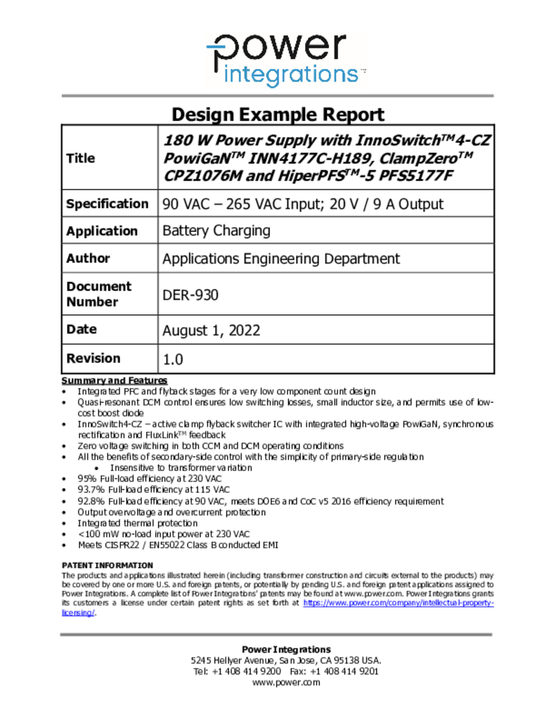 DER-930 - 180 W High-Power-Density Battery Charger for Power Tools and eBikes using PowiGaN ...
