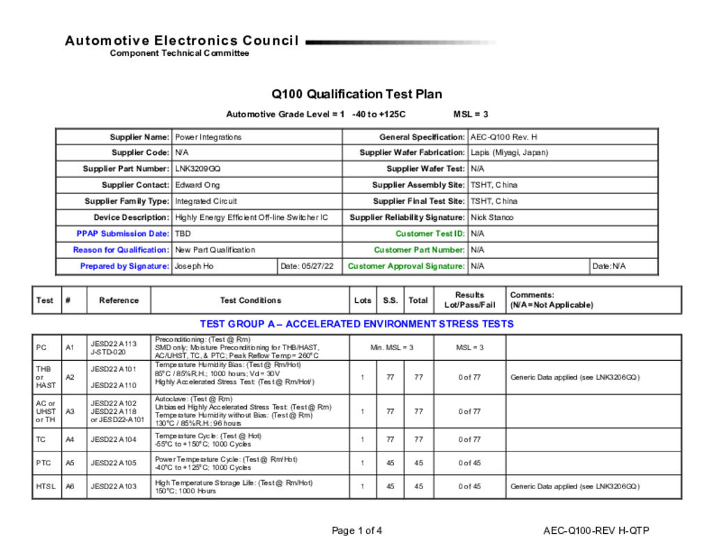 LinkSwitch-TN2Q Offline Switcher IC (LNK3209GQ) AEC-Q100 Qualification ...