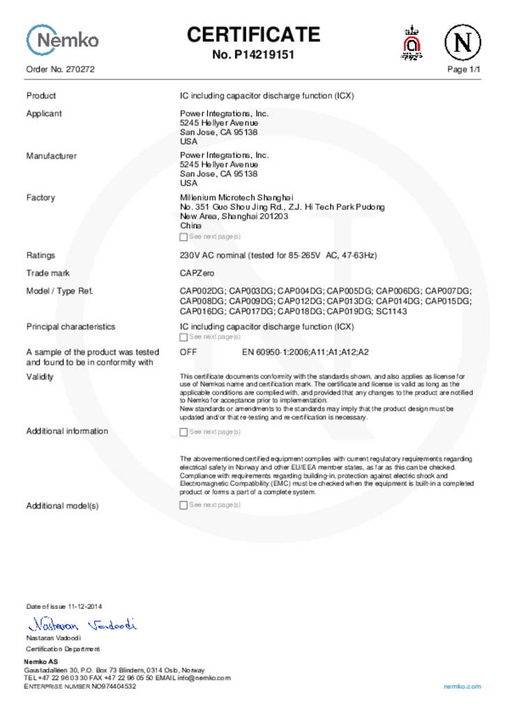 NEMKO CERTIFICATE - EN60950 | Power Integrations, Inc.