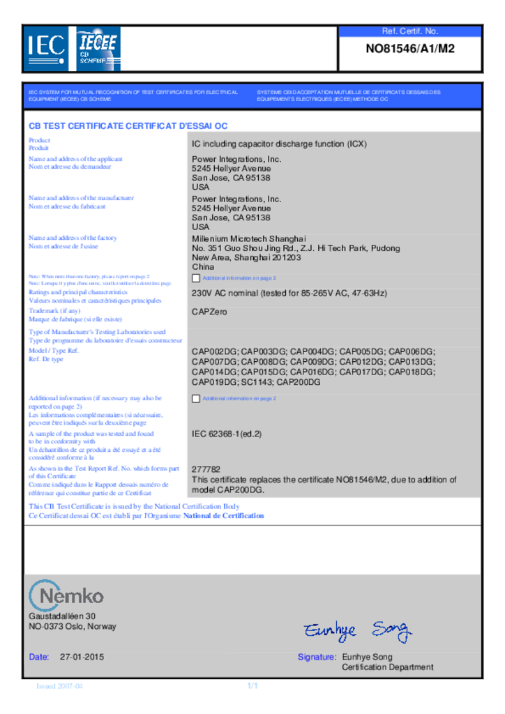 IEC 62368-1 CB Certificate | Power Integrations, Inc.